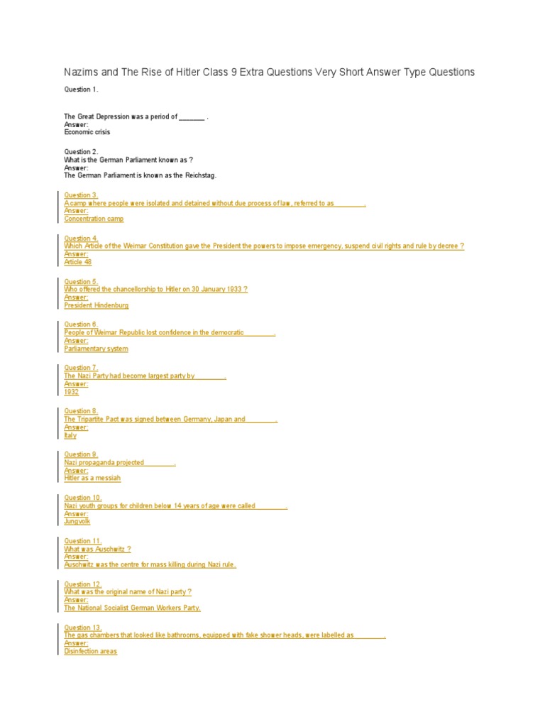 Nazims and The Rise of Hitler Extra Questions-1 | PDF | Nazi Germany ...