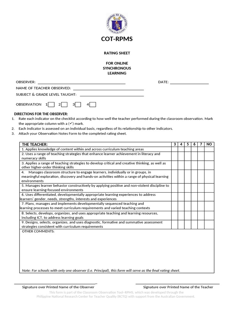 Cot Rating Sheet For Teachers Class Observation Online Synchronous ...
