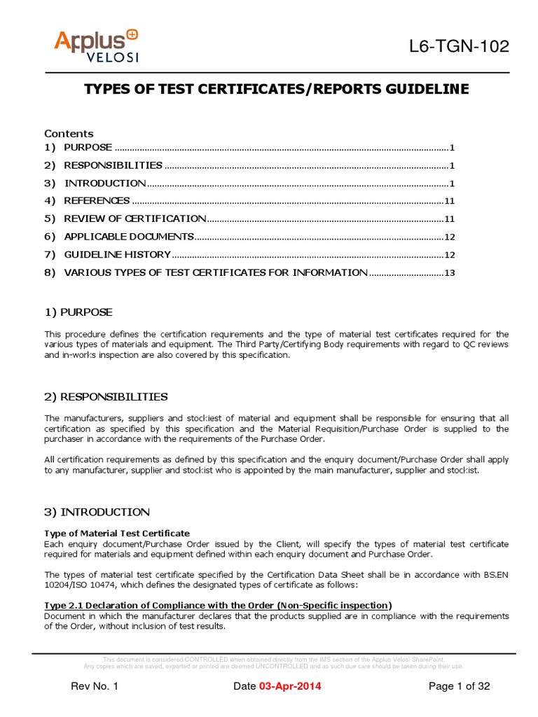 Types of Material Test Certificates Guide | PDF | Physical Sciences ...