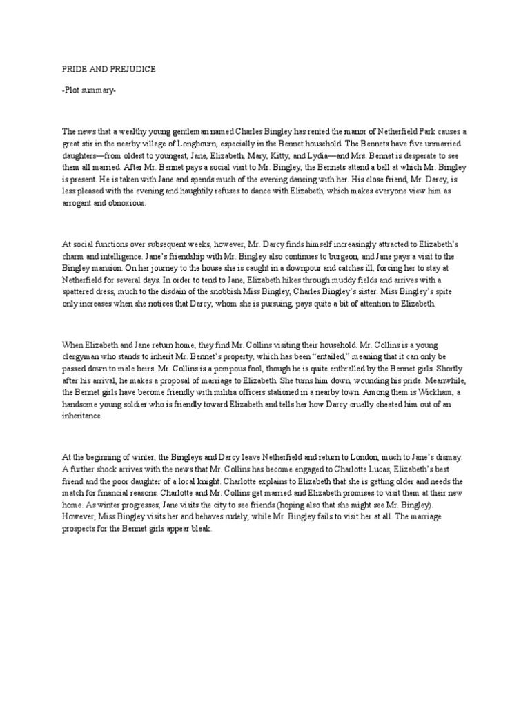 Pride and Prejudice Plot Summary | PDF | Pride And Prejudice | Mr. Darcy