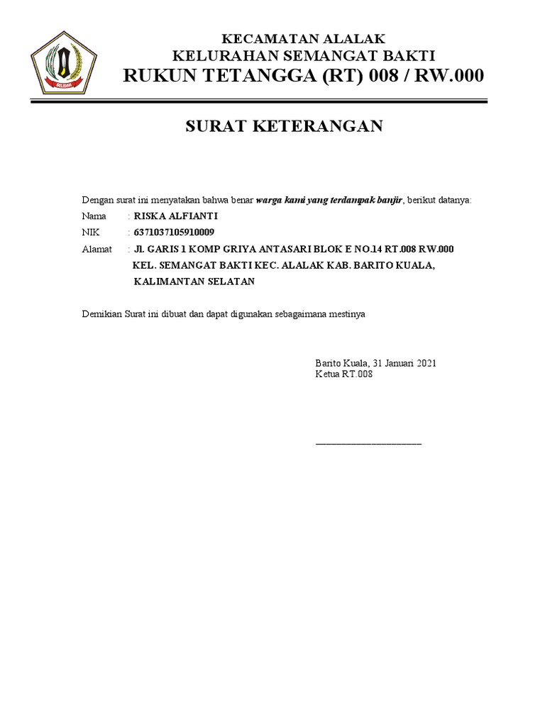 SURAT KETERANGAN Banjir | PDF