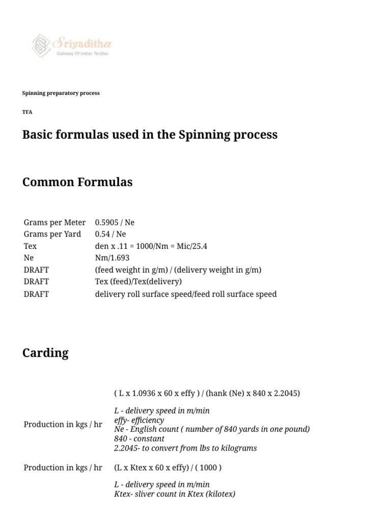 Basic Formulas Used in Spinning Process | PDF | Crafts | Units Of ...