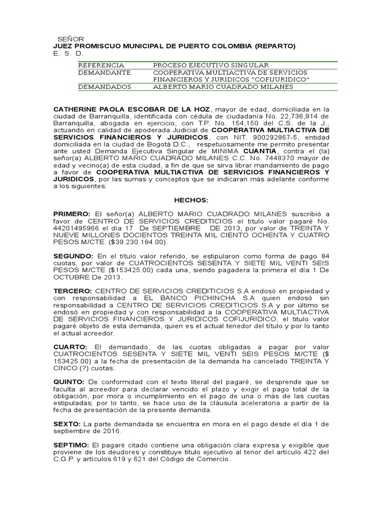 Modelo Demanda Ejecutiva Costa | PDF | Pagos | Demanda judicial