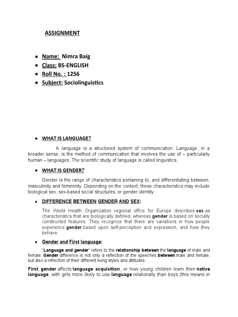 Name: Class: Roll No.: Subject:: Assignment | PDF | Gender | Gender Studies