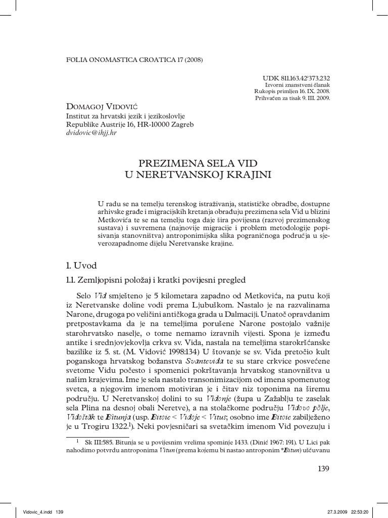 Prezimena Sela Vid U Neretvanskoj Krajini-Domagoj Vidovic | PDF