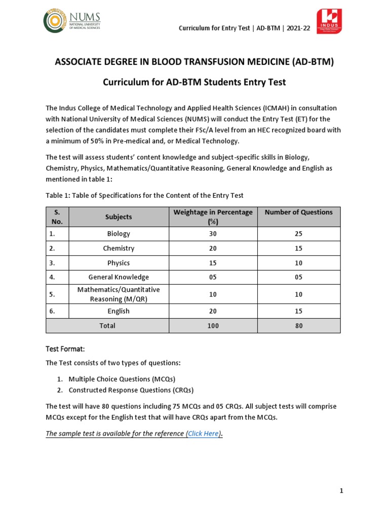 Associate Degree in Blood Transfusion Medicine (Ad-Btm) Curriculum For ...