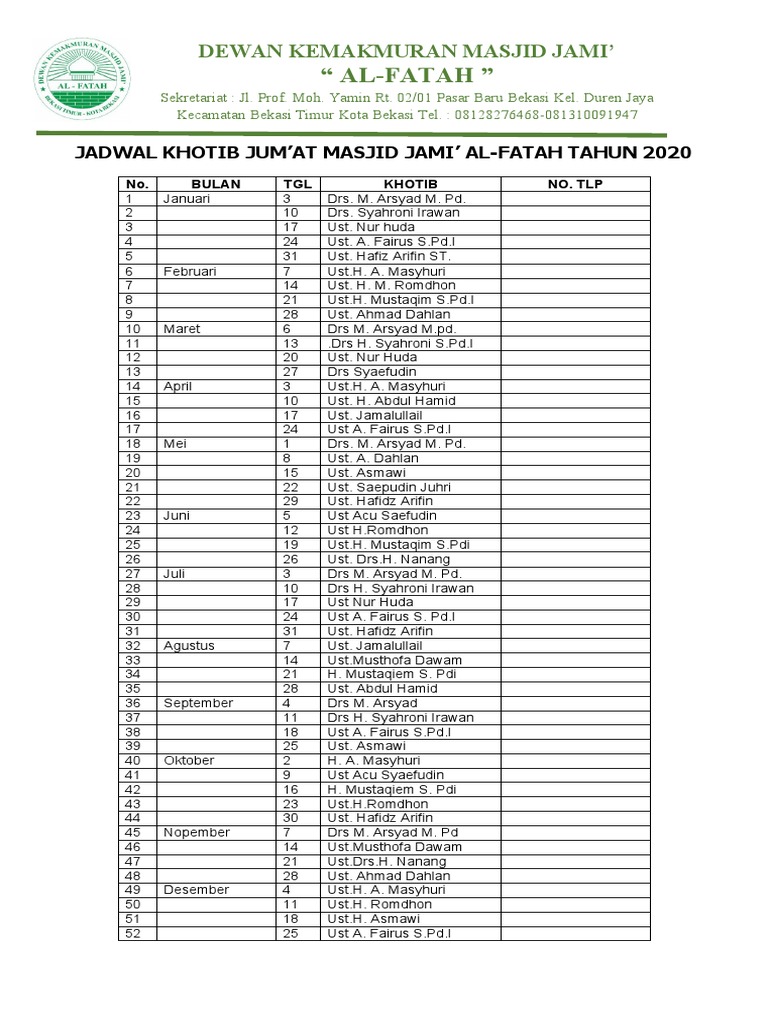Jadwal Khotib 2020 | PDF | Griya & Taman