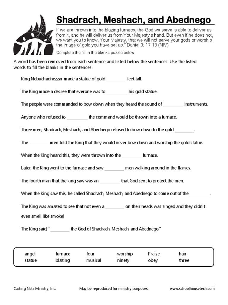 Shadrach, Meshach, and Abednego: Complete The Fill in The Blanks Puzzle Below | PDF