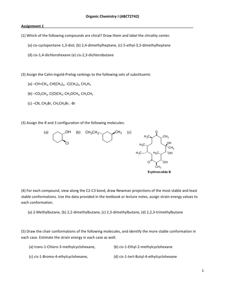 Organic Chemistry I Assignment | PDF | Conformational Isomerism | Stereochemistry