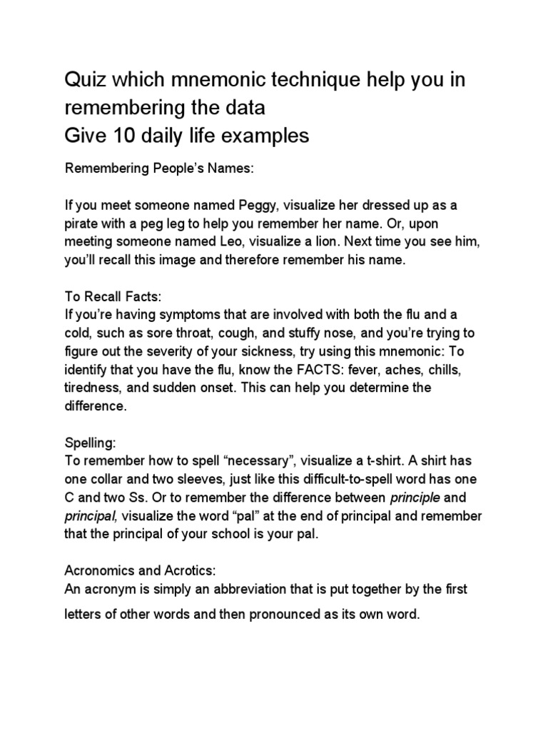 Quiz Which Mnemonic Technique Help You in Remembering The Data Give 10 ...