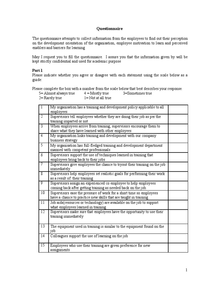 Questionnaire On Training And Development Five Years Training Roadmap