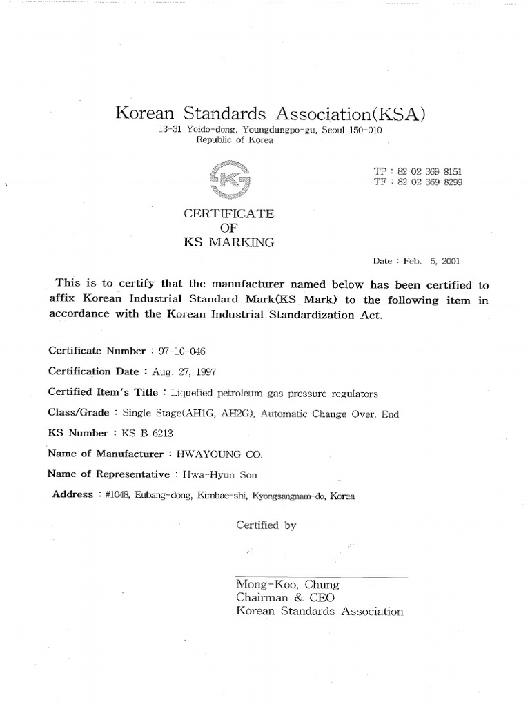 KS Certificate - HWA YOUNG - Regulators (KS Approval) | PDF