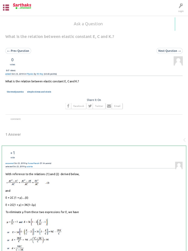 What Is The Relation Between Elastic Constant E, C and K. - Sarthaks ...