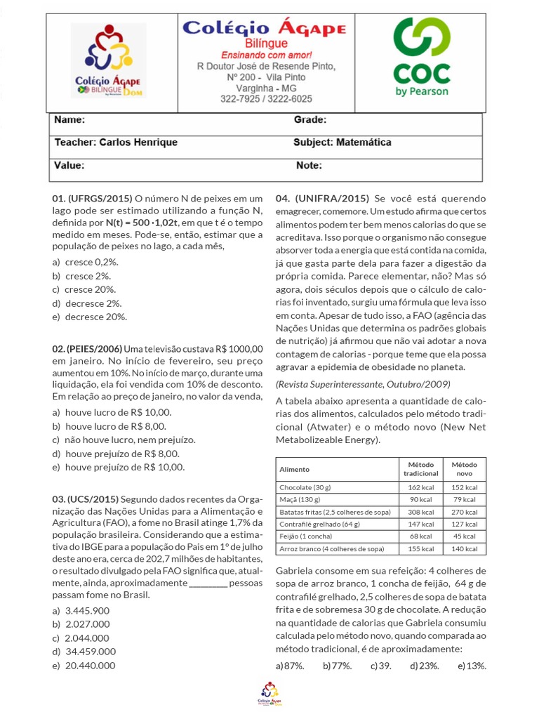 Trabalho Porcentagem Pronto | PDF | Índice de massa corporal | Águas ...