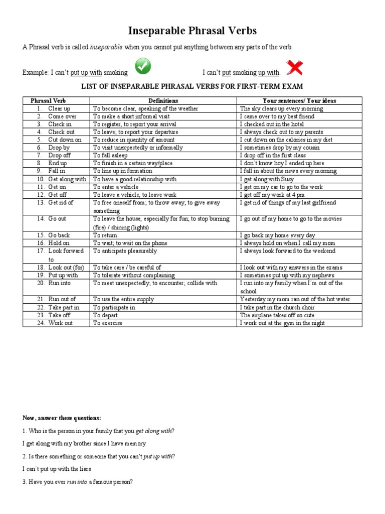 List of Inseparable Phrasal Verbs For First-Term Exam | PDF | Languages