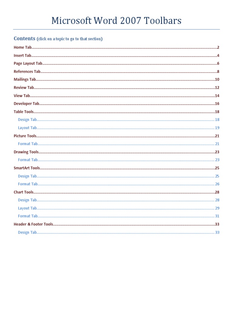 Microsoft Word 2007 Toolbars: (Click On A Topic To Go To That Section ...