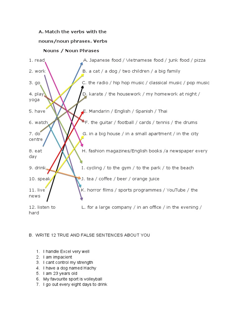 A. Match The Verbs With The Nouns/noun Phrases. Verbs Nouns / Noun ...