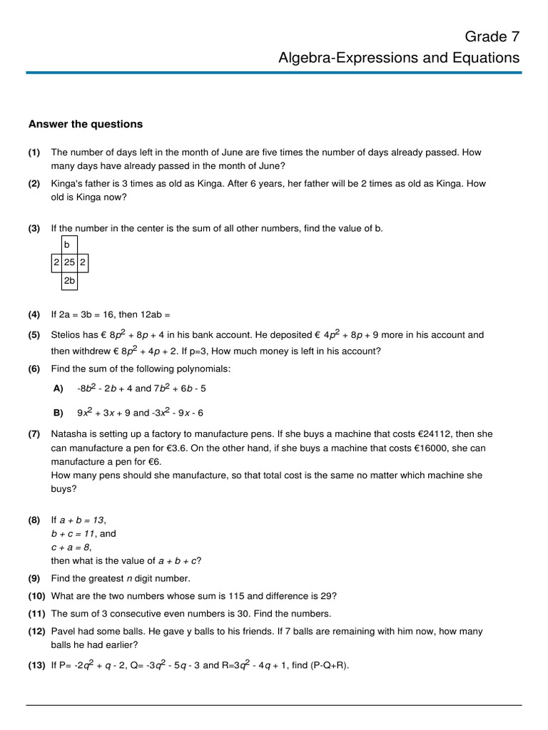 7th Grade Algebra Problems and Solutions | PDF | Numbers | Equations