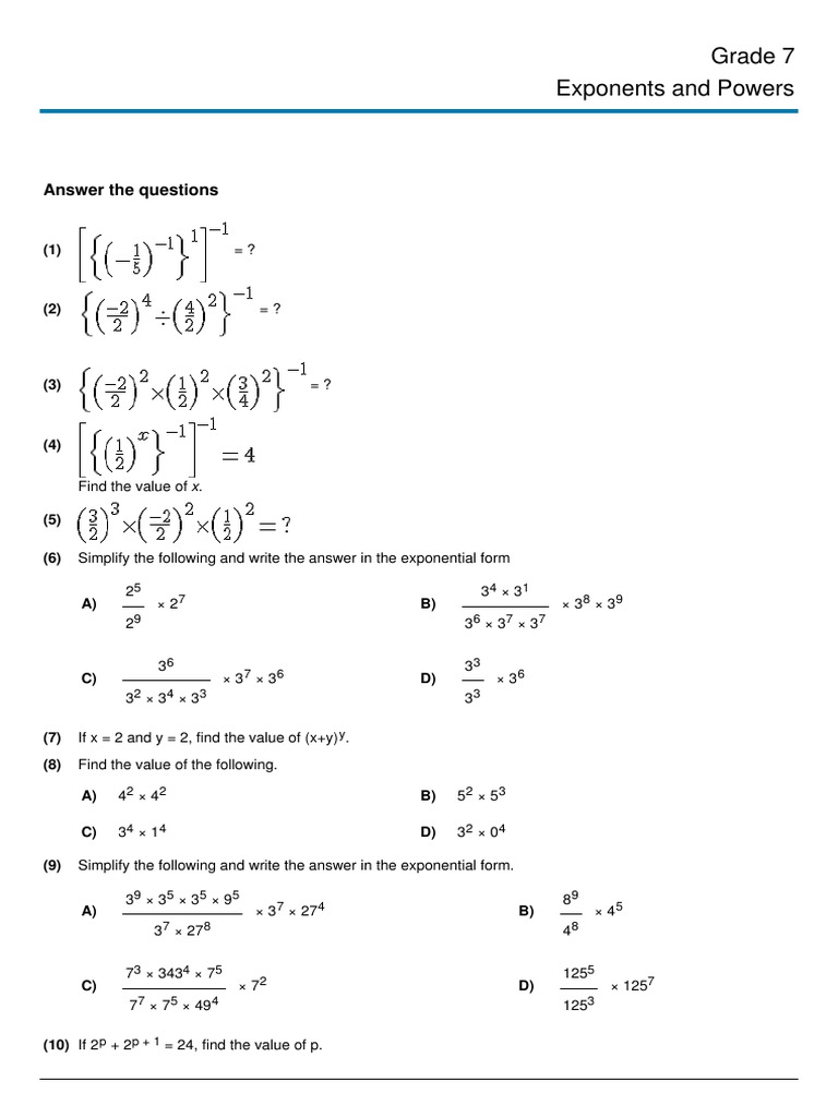 Class 7 Exponents and Powers Worksheet | PDF | Exponentiation | Special ...