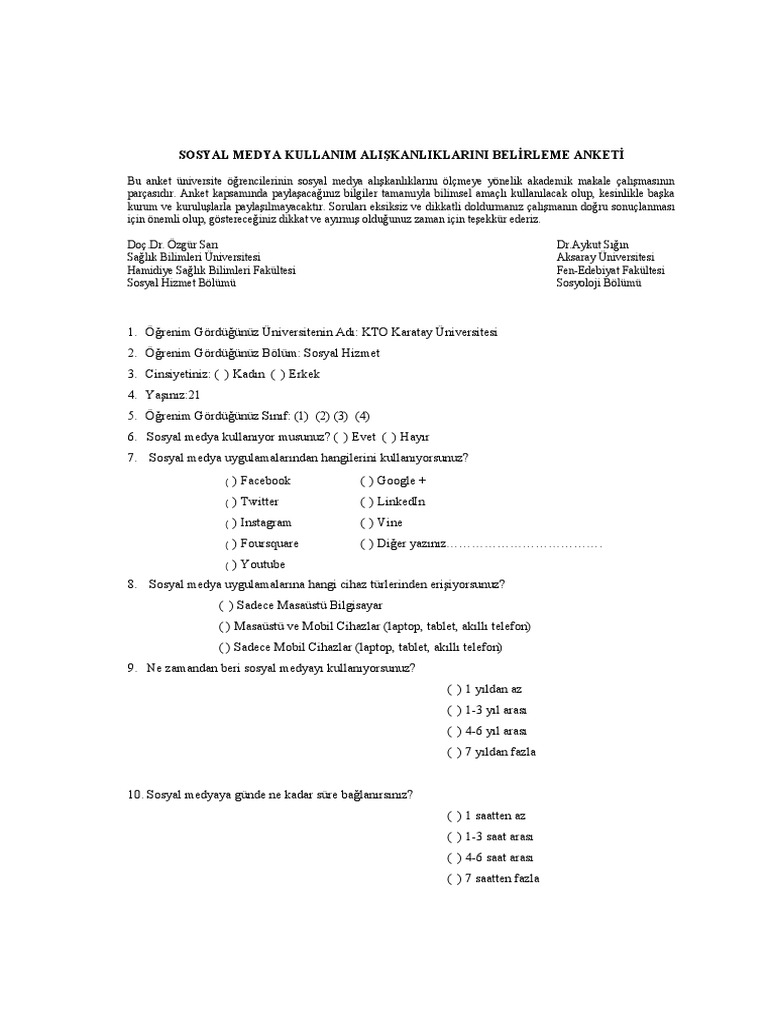 Sosyal Medya Kullanım Anketi | PDF