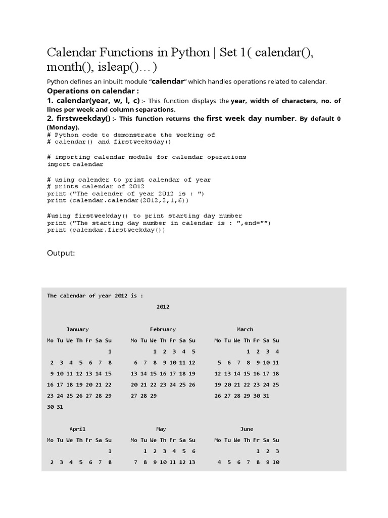Calendar Functions in Python | Download Free PDF | Computer Programming | Software Engineering
