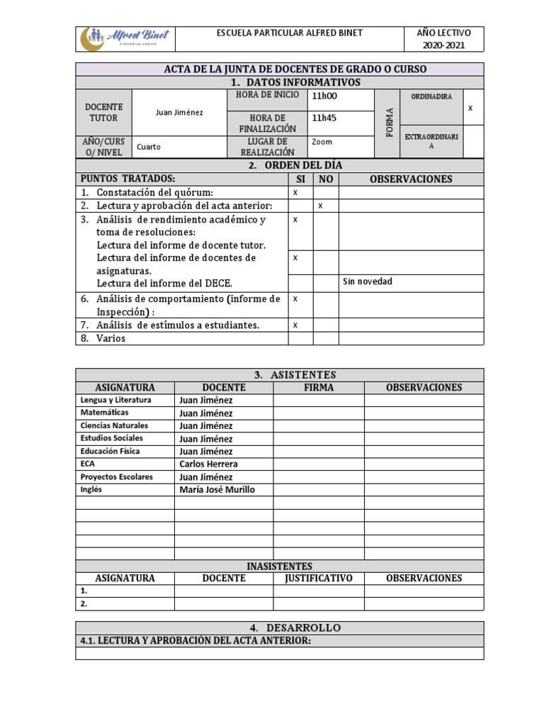 JUNTAS ACTAS CUARTO DE BÁSICA | PDF