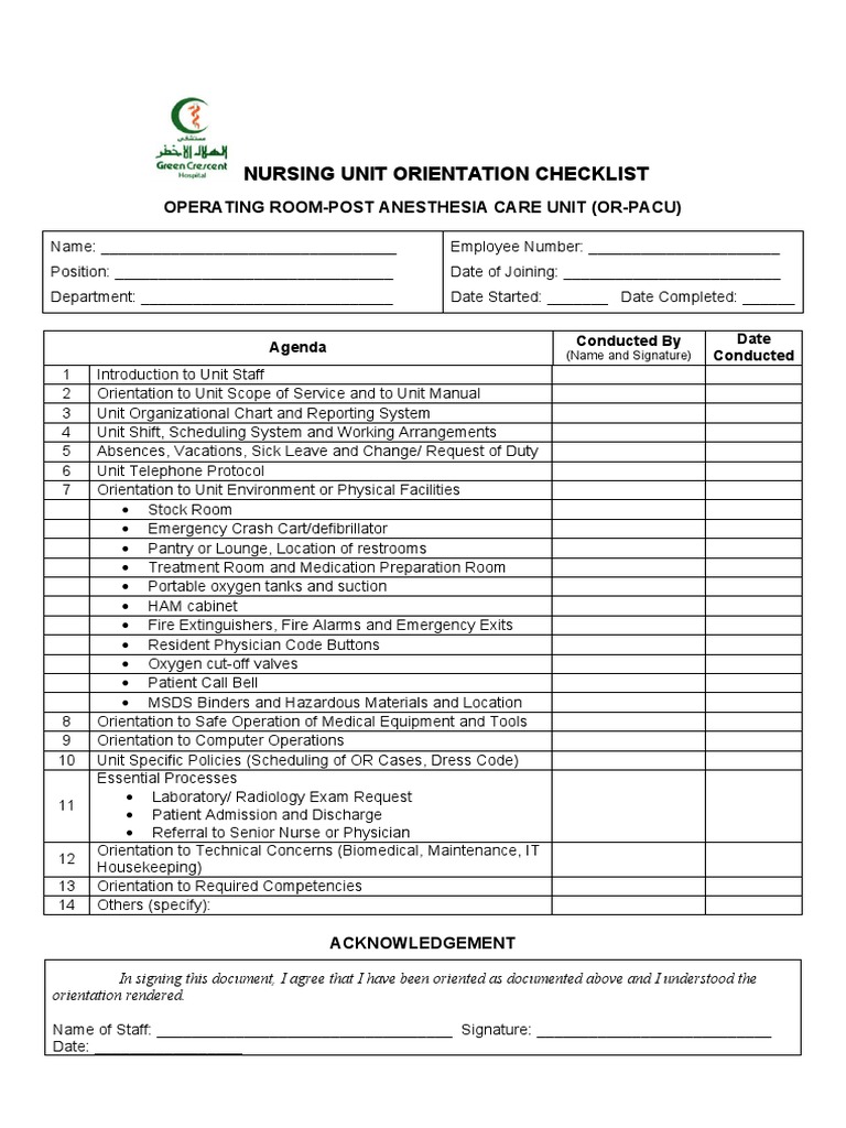 Nursing Unit Orientation Checklist OR | PDF