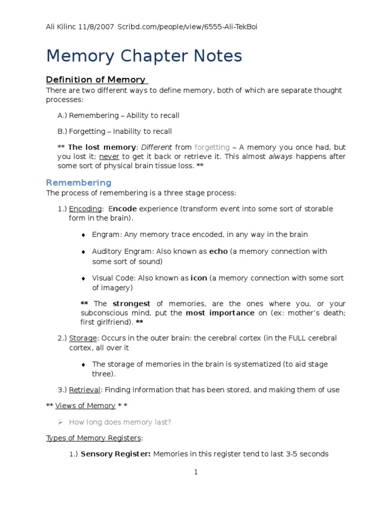 PSY 191 Memory Notes | PDF | Recall (Memory) | Memory