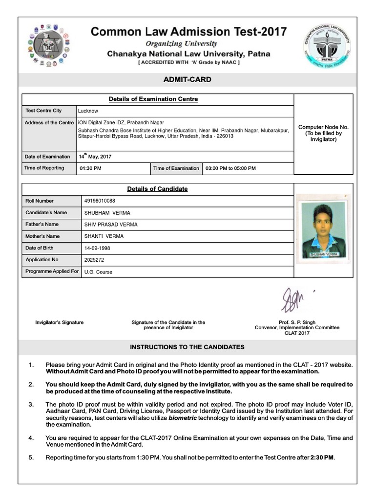 Admit-Card: Computer Node No. (To Be Filled by Invigilator) | PDF ...
