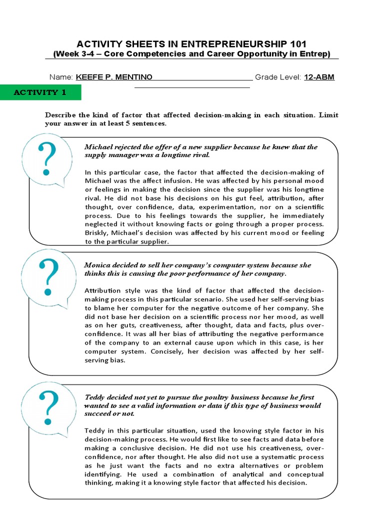 Activity Sheets in Entrepreneurship 101 | PDF | Decision Making ...