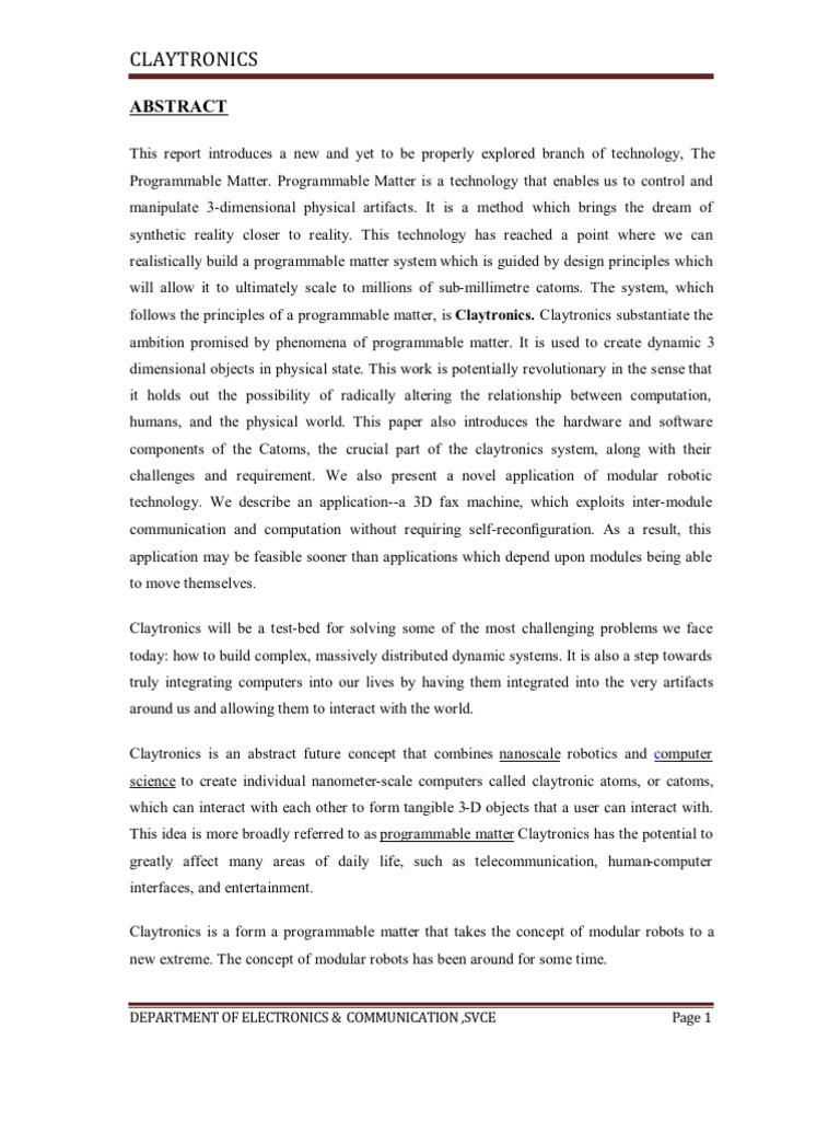 Programmable Matter: Introduction to Claytronics | PDF | Programming Language | Computer Engineering