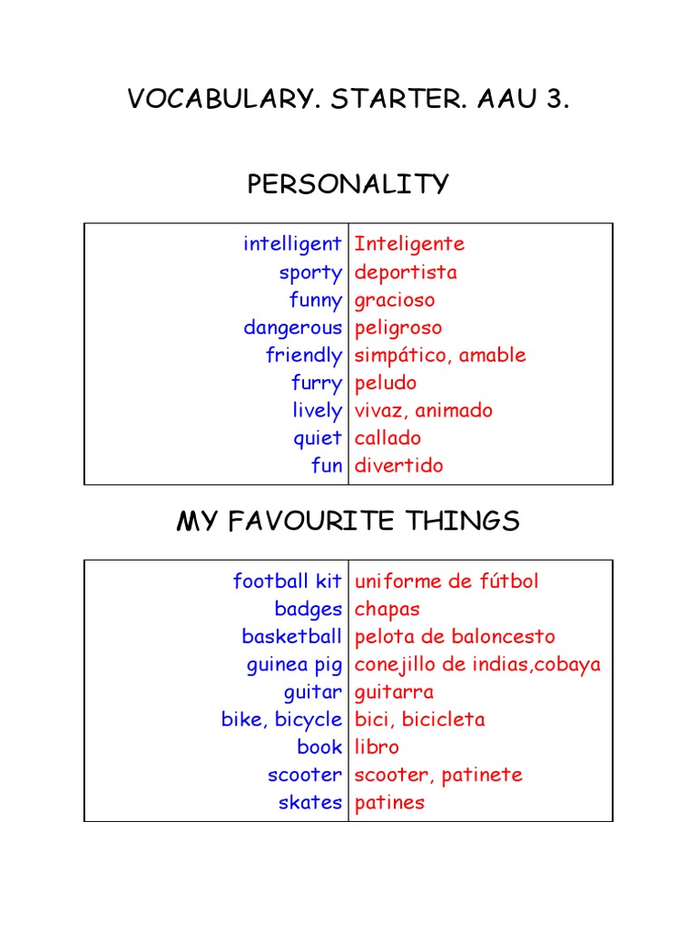 Vocabulary - Starter | PDF