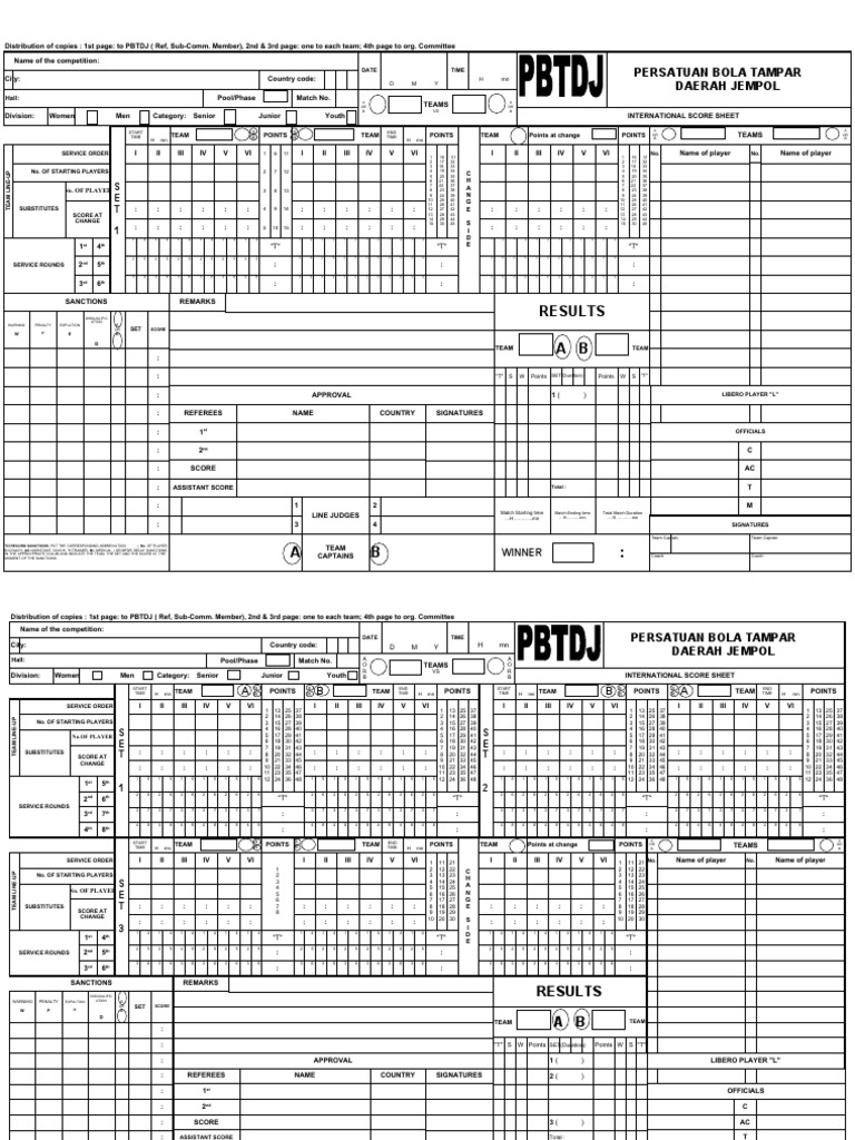 Score Sheet for Badminton Tournament Match Between Two Teams | PDF ...