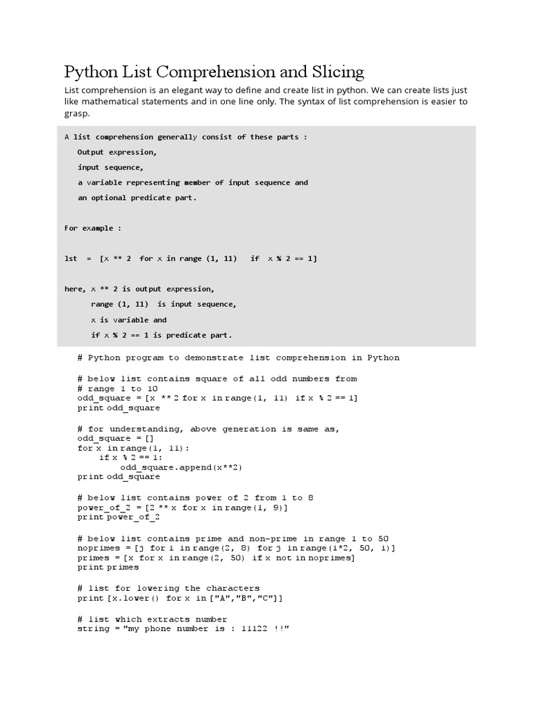 Python List Comprehension and Slicing | PDF | Computer Engineering ...