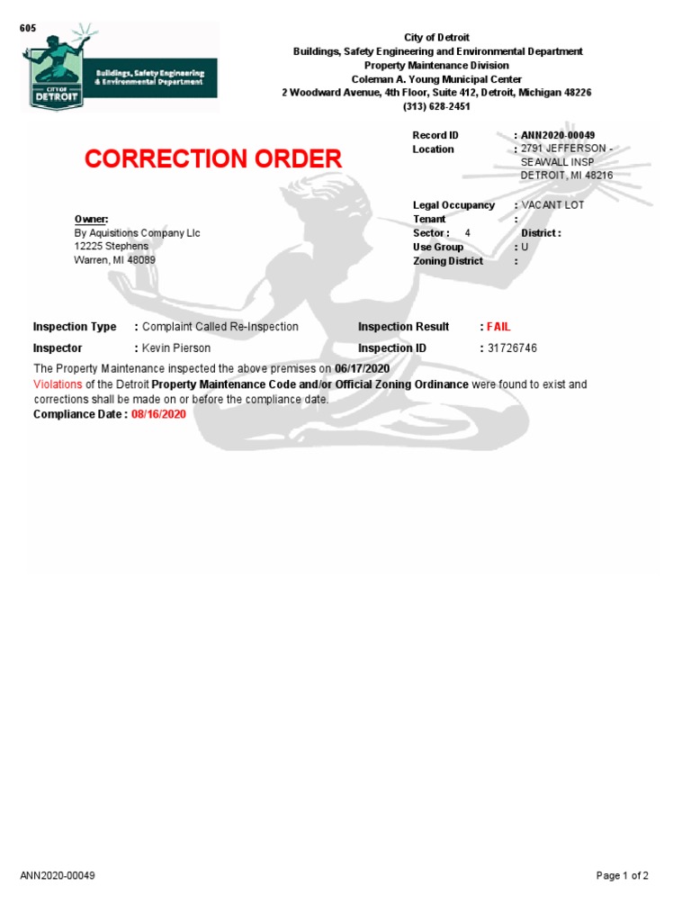 Correction Order: 2791 Jefferson - Seawall Insp DETROIT, MI 48216 | PDF ...