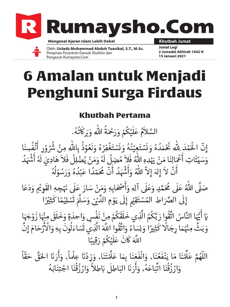 6 Amalan Untuk Menjadi Penghuni Surga Firdaus: Khutbah Pertama | PDF ...