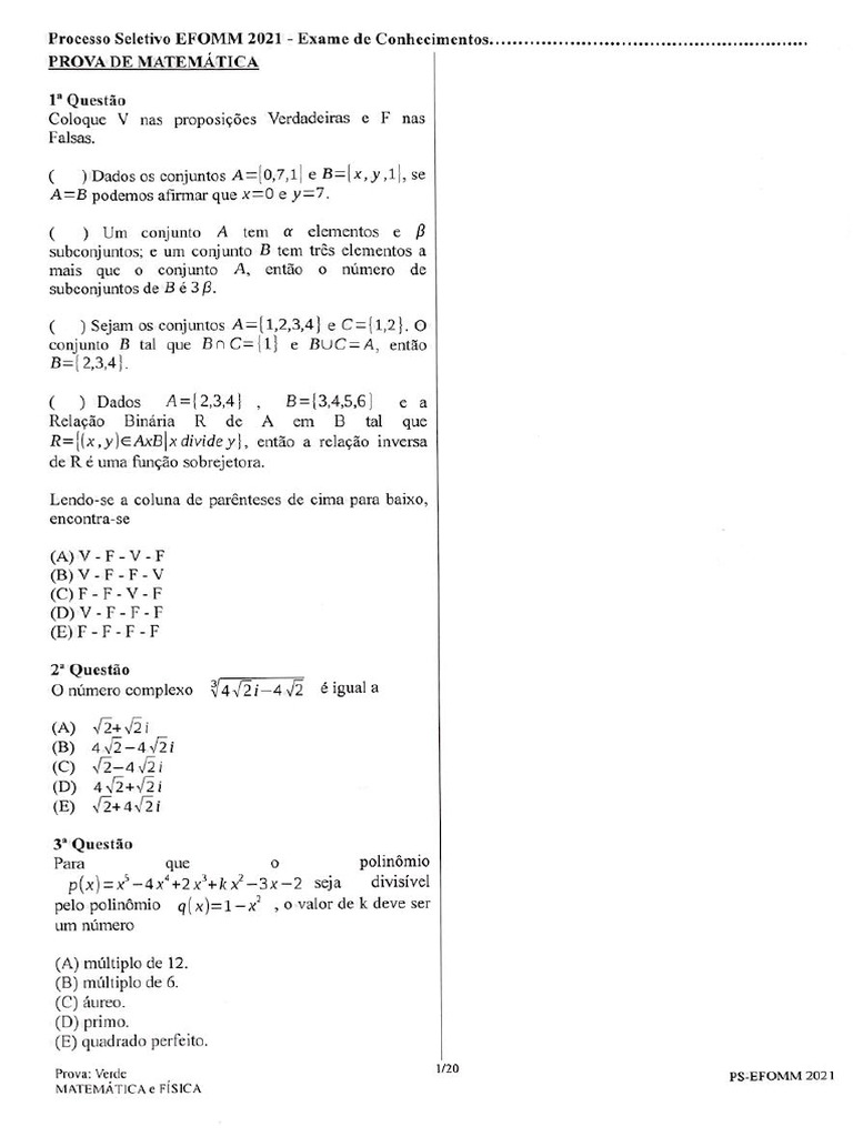 Efomm Prova Verde 2021 | PDF | Conjunto (Matemática) | Lógica matemática