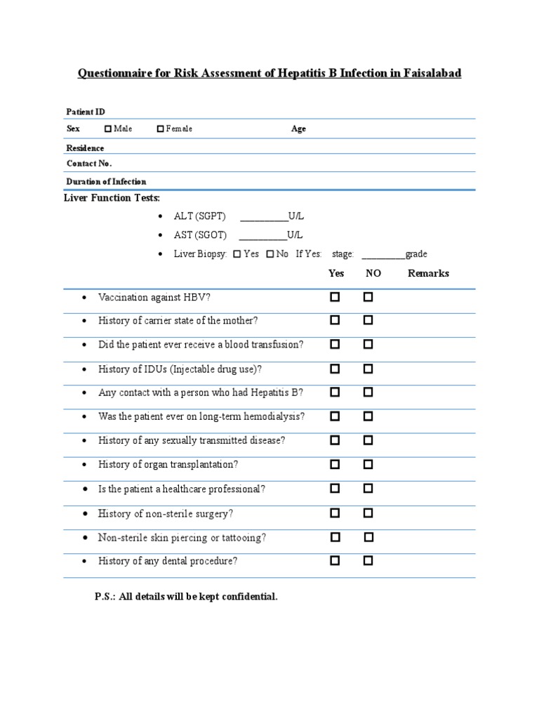 Questionnaire For Risk Assessment of Hepatitis B Infection in ...
