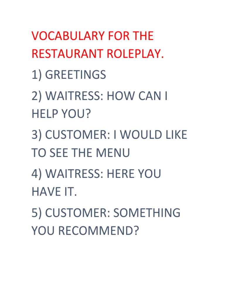 Vocabulary For The Restaurant Role Play | PDF