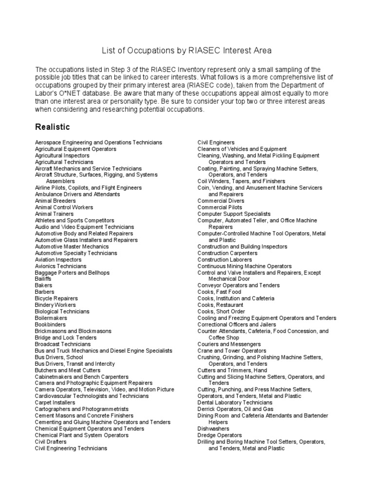 List of Occupations by RIASEC Interest Area: Realistic | PDF | Real ...
