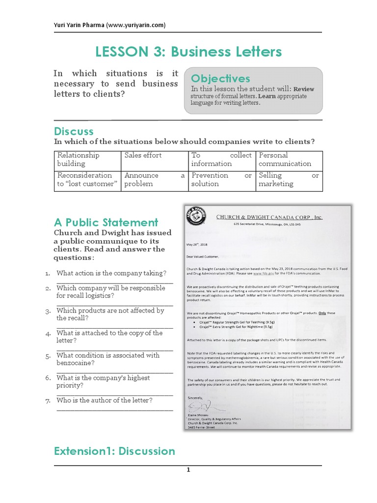 Yuri Pharma Lesson3 C1 - Business Letters | PDF | Pharmaceutical Industry | Cognition