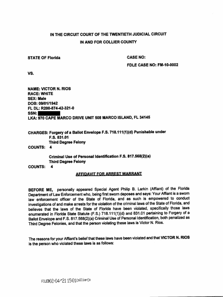 Affidavit For Arrest Warrant For Victor N. Rios - Feb. 4, 2021 | PDF
