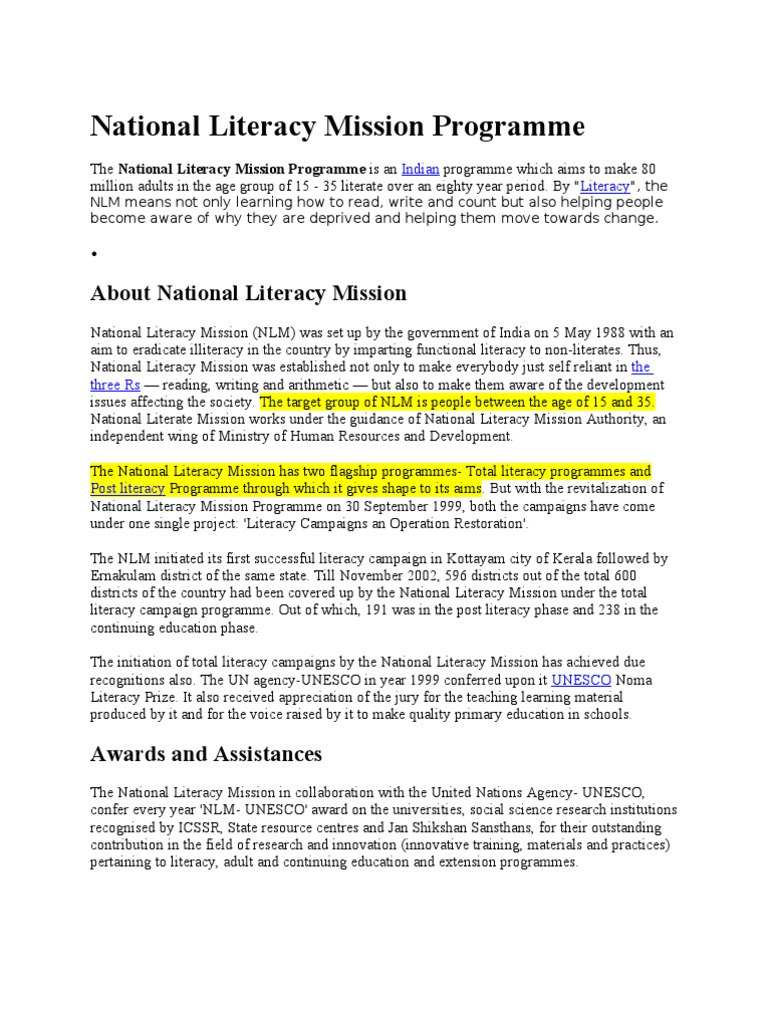 National Literacy Mission Overview | PDF | Literacy | Learning
