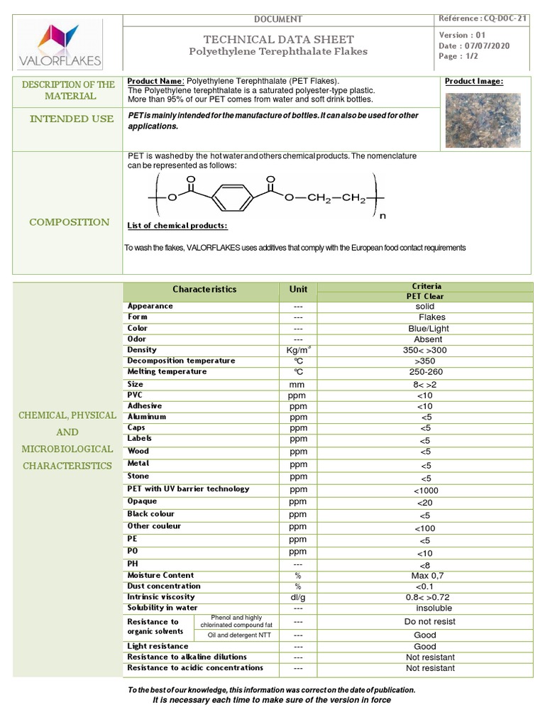 Technical Data Sheet: Polyethylene Terephthalate Flakes | PDF | Chemical Substances | Physical ...