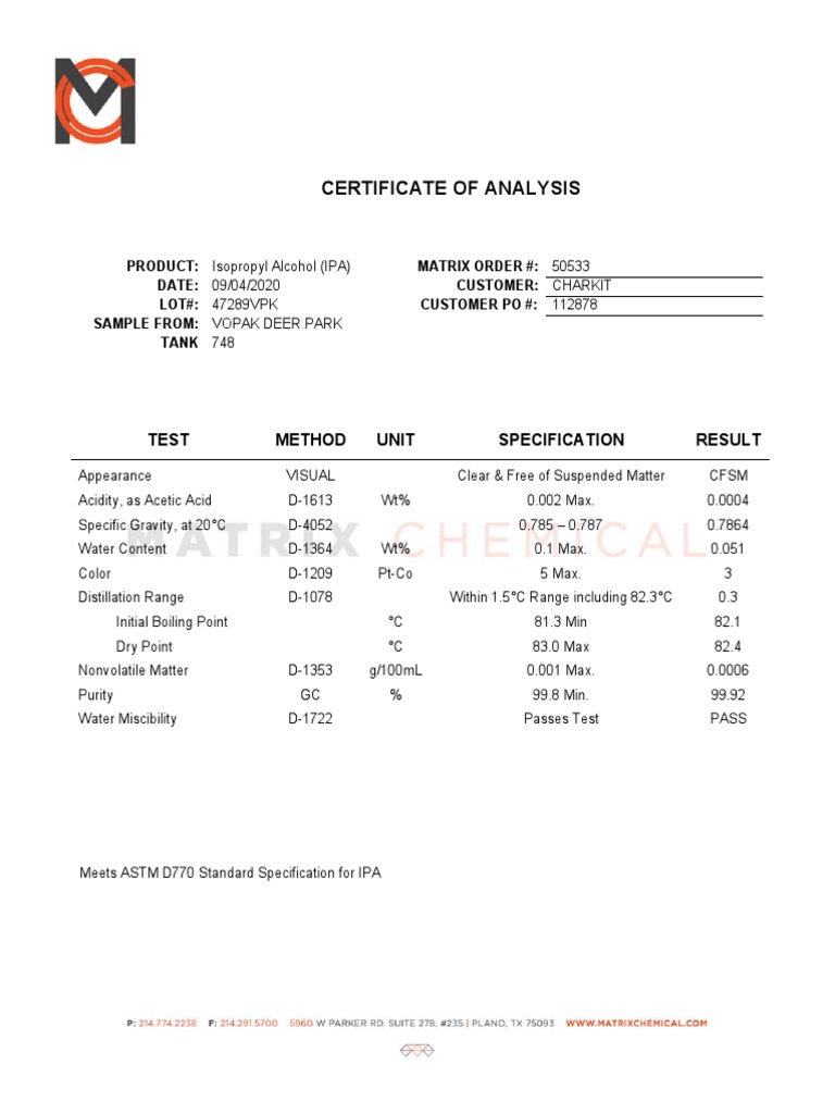 Certificate of Analysis: Test Method Unit Specification Result | PDF