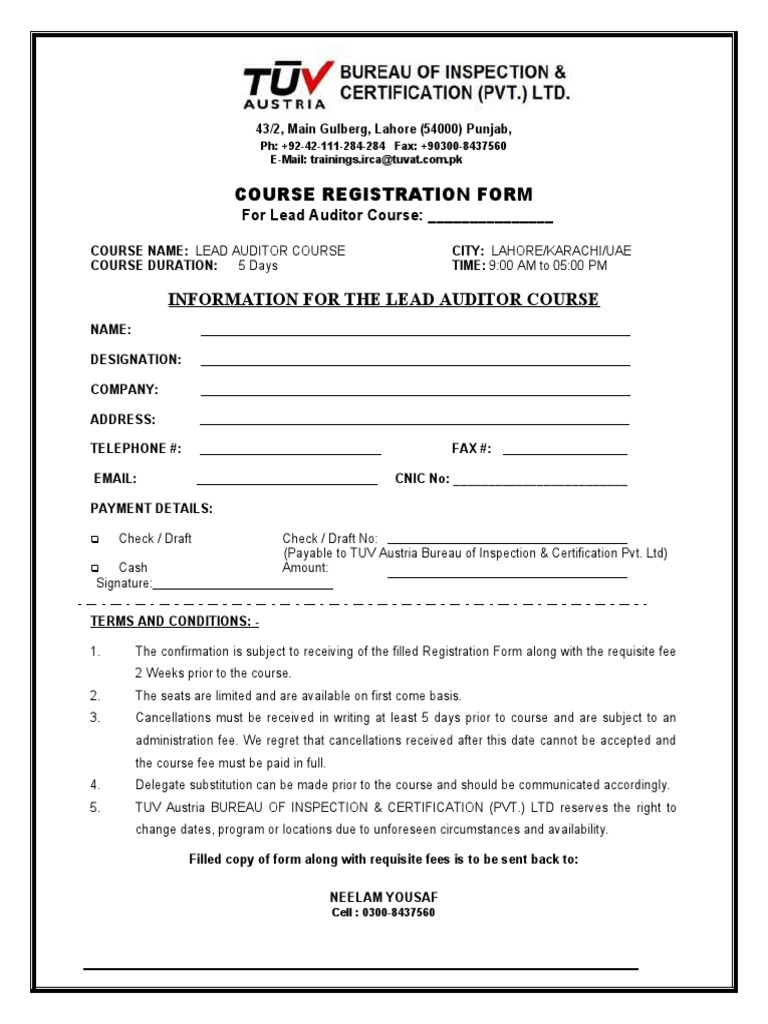 Course Registration Form: Information For The Lead Auditor Course | PDF