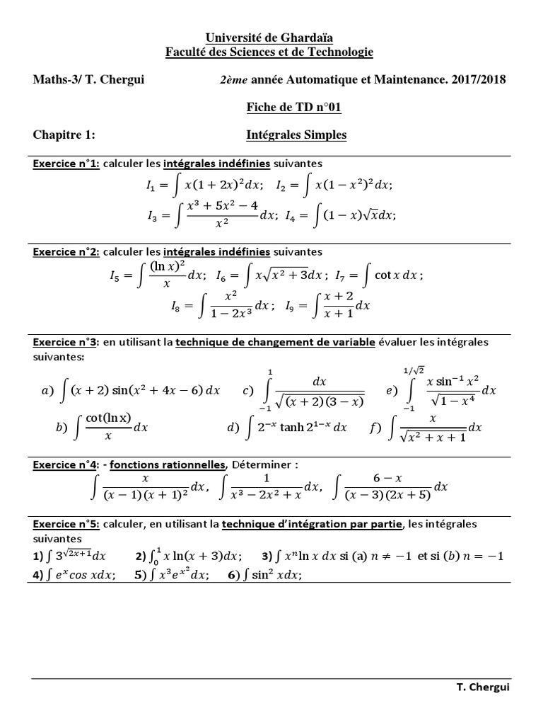 Fiche TD : Intégrales Simples | PDF | Intégral | Calcul