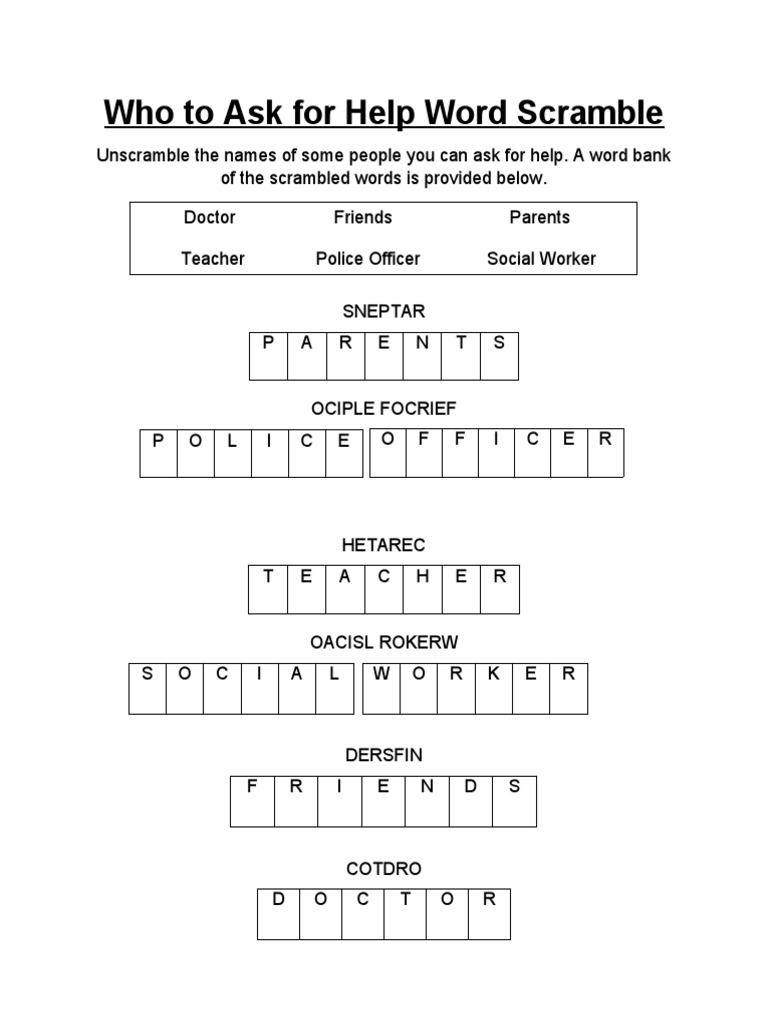 Who To Ask For Help Word Scramble Answer Key | PDF