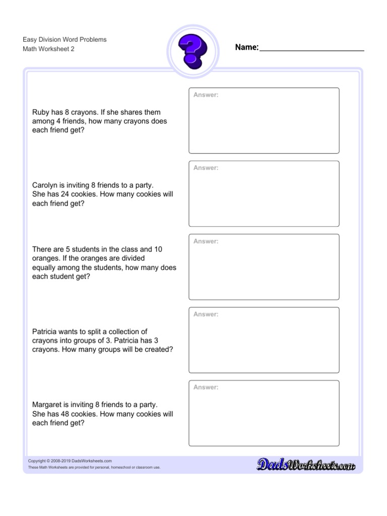 Easy Division Word Problems Math Worksheet 2: Answer | PDF | Wellness