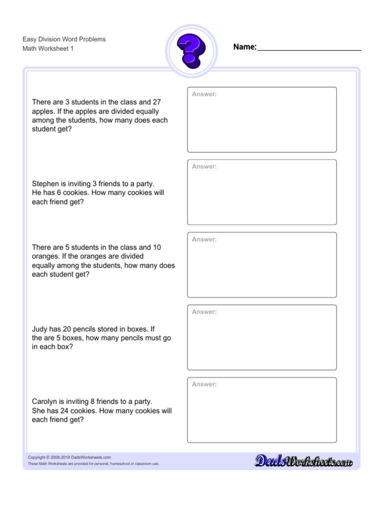Easy Division Word Problems Math Worksheet 1: Answer | PDF | Students